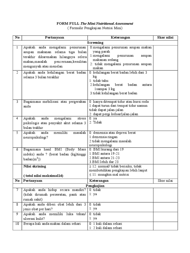 FORM FULL The Mini Nutritional Assessment | PDF