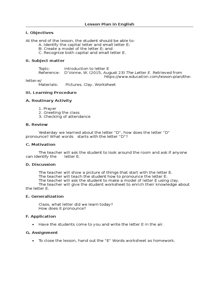 Lesson Plan in English I. Objectives: Letter-E | PDF | Language Arts ...