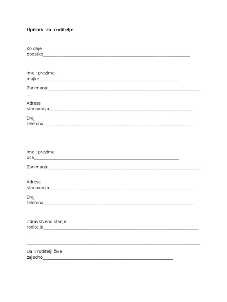 Upitnik Za Roditelje | PDF