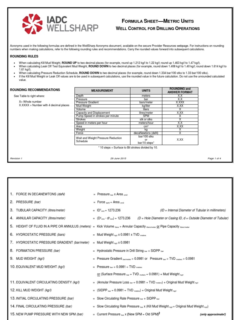 Well Control Formulas and Rounding Rules | PDF | Litre | Pressure
