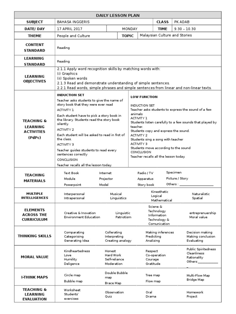 Daily Lesson Plan: Induction Set Low Function | PDF