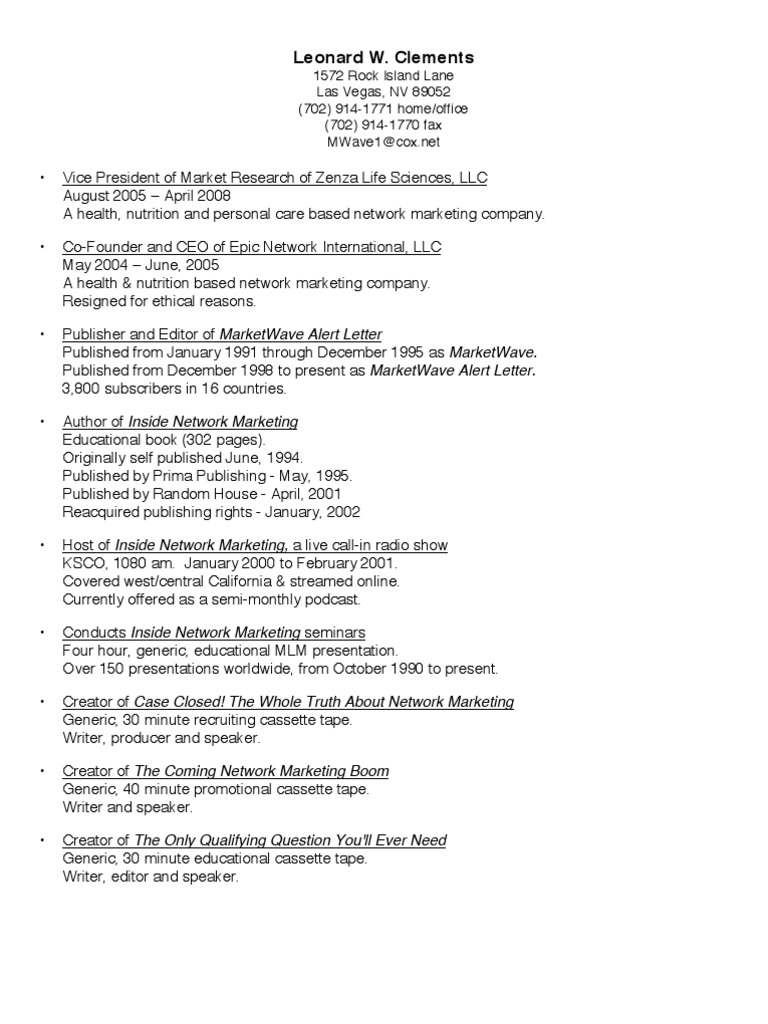 Len Clements - Resume | PDF | Multi Level Marketing | Business
