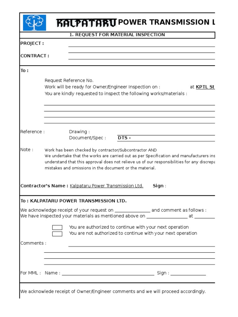 F QCD 01. Inspection Request | PDF