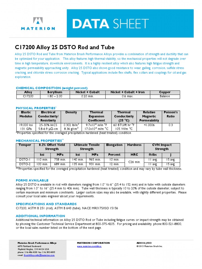 Beryllium Copper (C17200) Datasheet | Strength Of Materials | Heat Treating