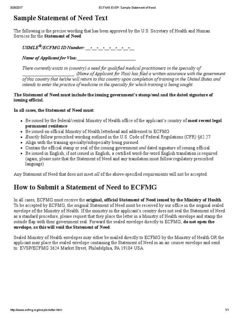 ECFMG EVSP - Sample Statement of Need | PDF