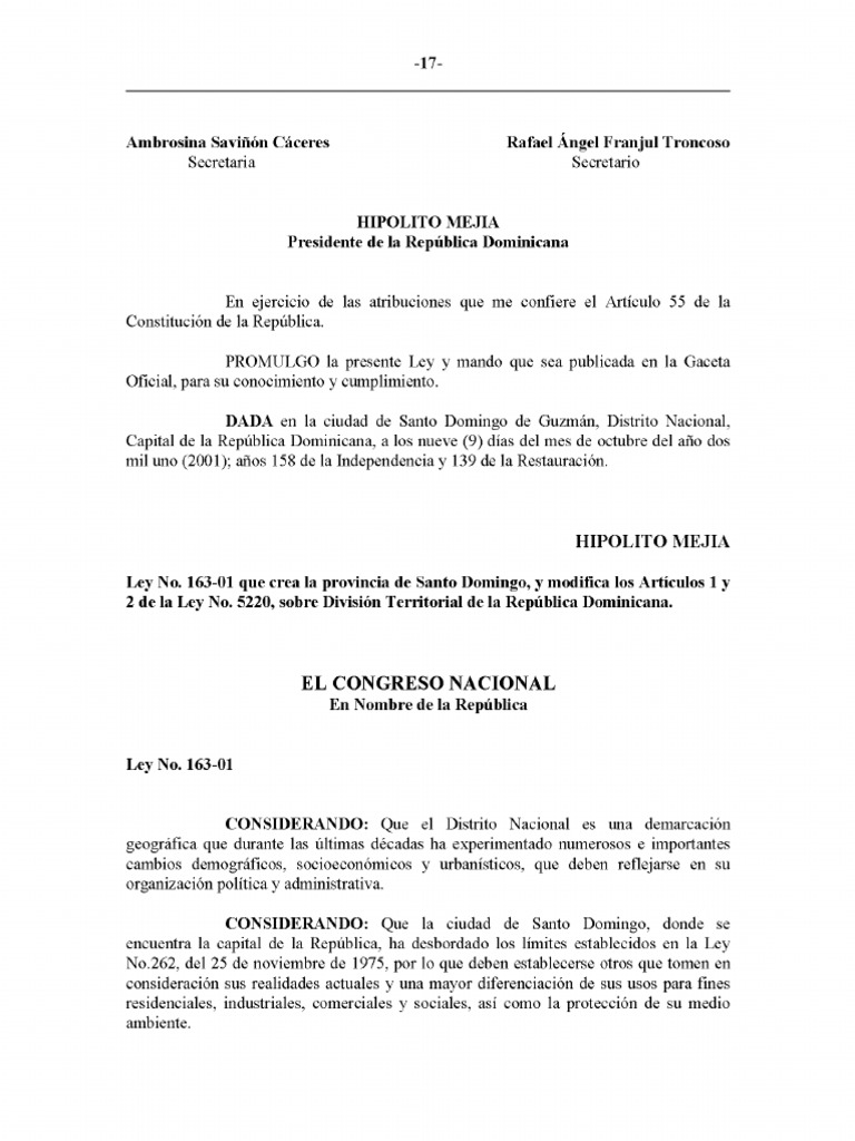 Ley 163-01: Creación de la Provincia de Santo Domingo | PDF | República ...