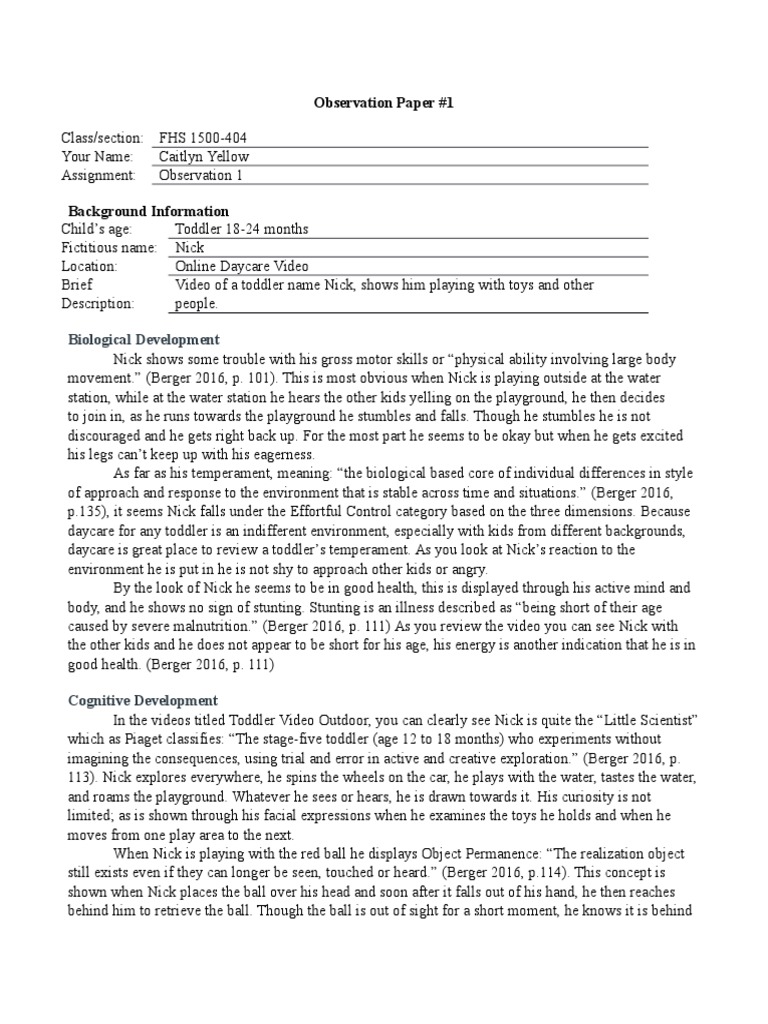 Observation 1 Final Draft | PDF | Toddler | Neuroscience