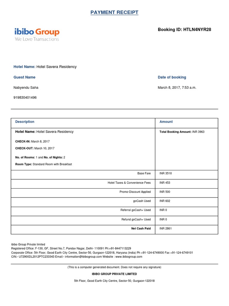 Hotel Payment Receipt HTLN4 NYR28 | PDF