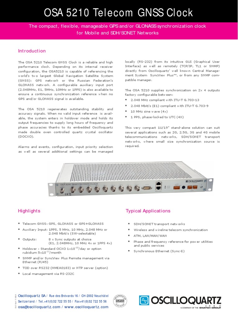 OSA 5210 Telecom GNSS Clock - Oscilloquartz SA PDF | PDF | Global Positioning System ...
