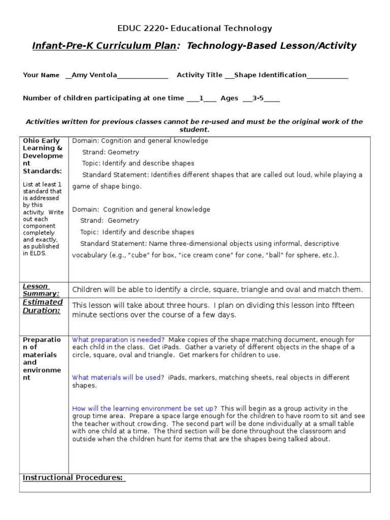 Amy Ventola Ed Tech ECDE Activity Plan | PDF | Shape | Photograph
