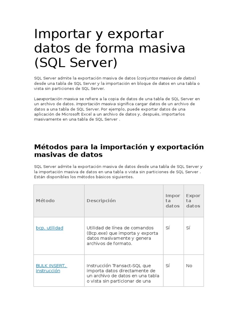 Importar y Exportar Datos de Forma Masiva | PDF | Tabla (base de datos) | Servidor SQL de Microsoft