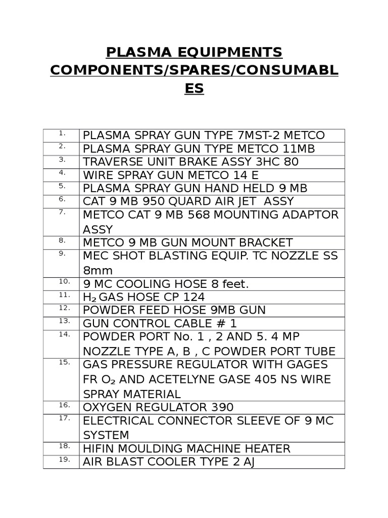 Plasma Equipment Material List | PDF