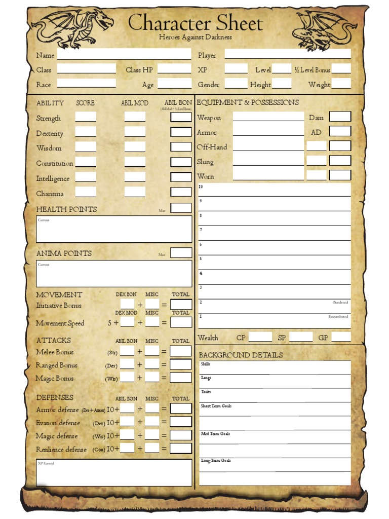 Heroes Against Darkness - Character Sheet | PDF | Fantasy Games | Video ...