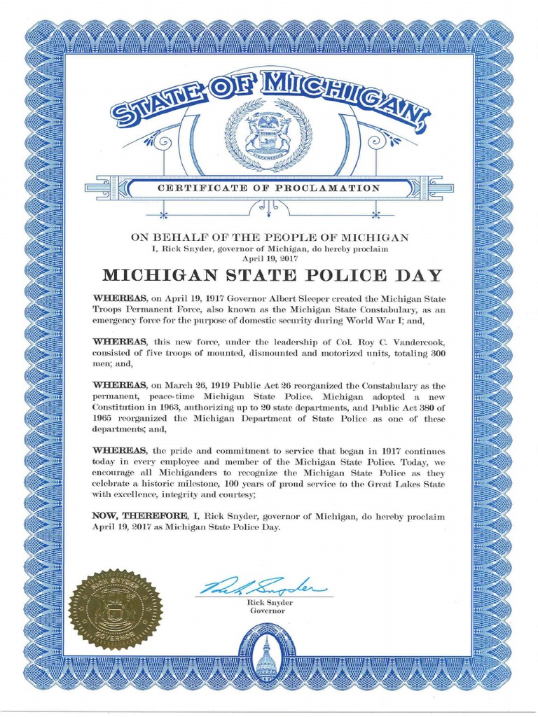 Michigan State Police Day Proclamation | PDF