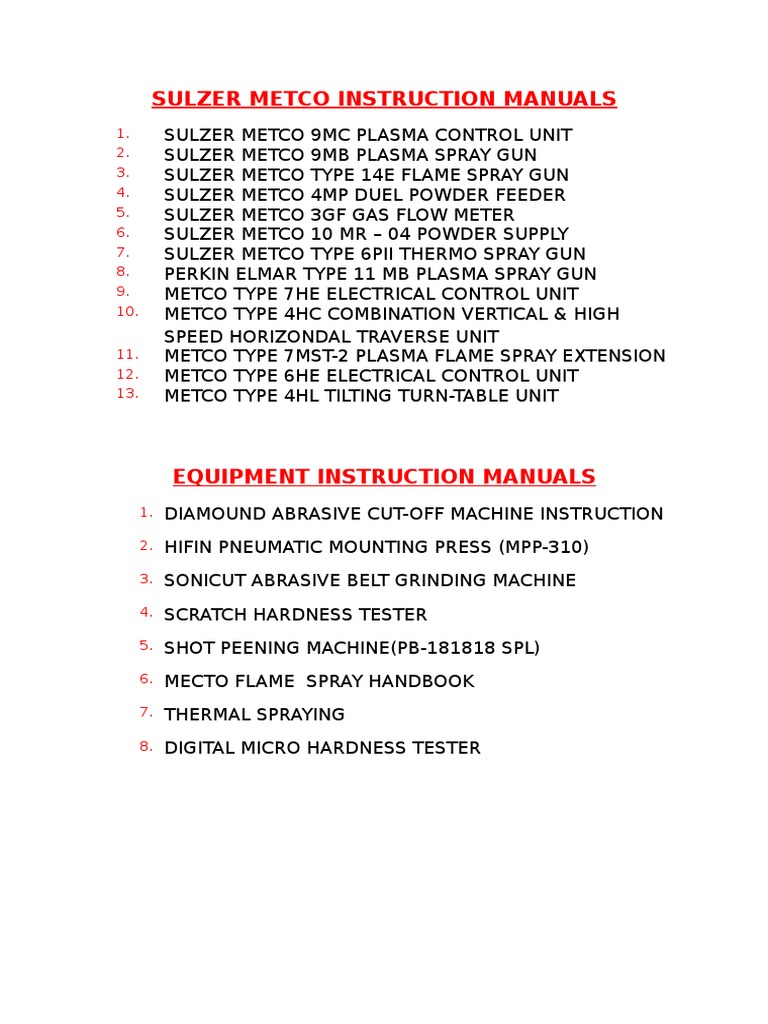 Sulzer Metco Instruction Manuals | PDF