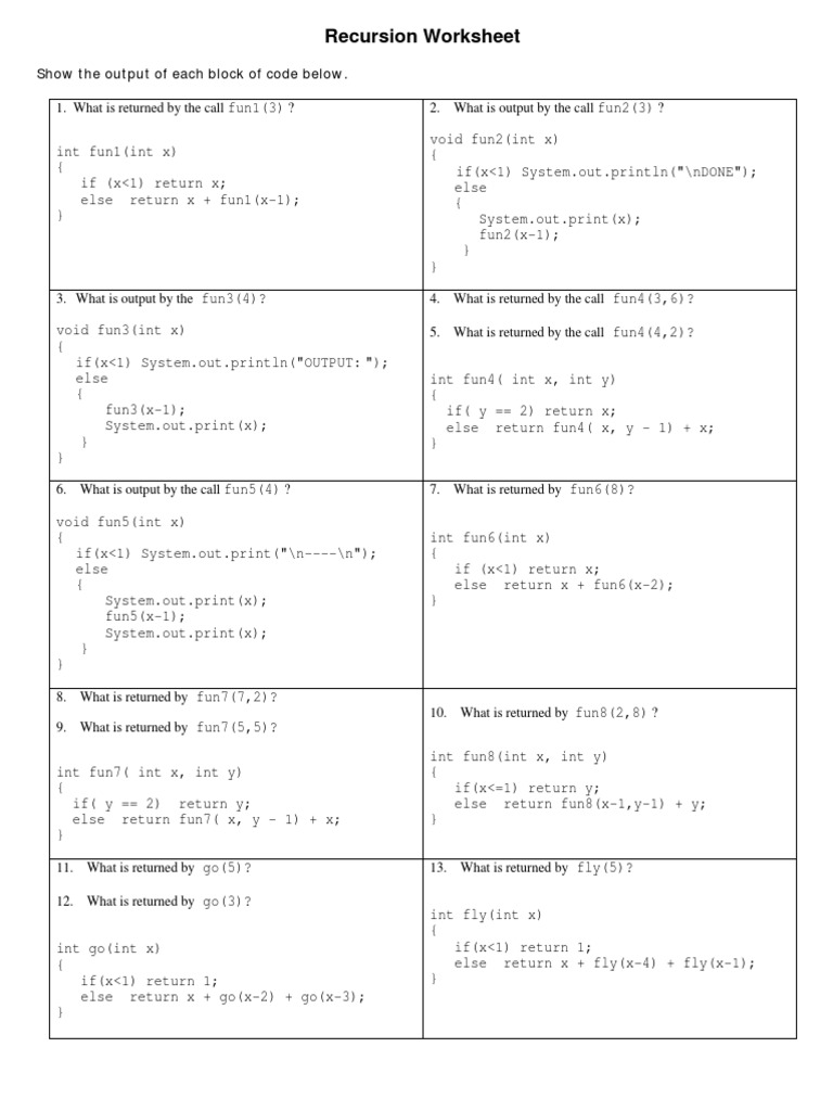 Apcs - Recursion Worksheet | PDF | Software Engineering | Computer ... Apcs - Recursion Worksheet | PDF | Software Engineering | Computer ...