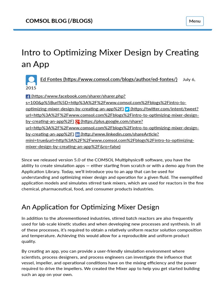 Intro To Optimizing Mixer Design By Creating An App Comsol Pdf Computer Engineering Software