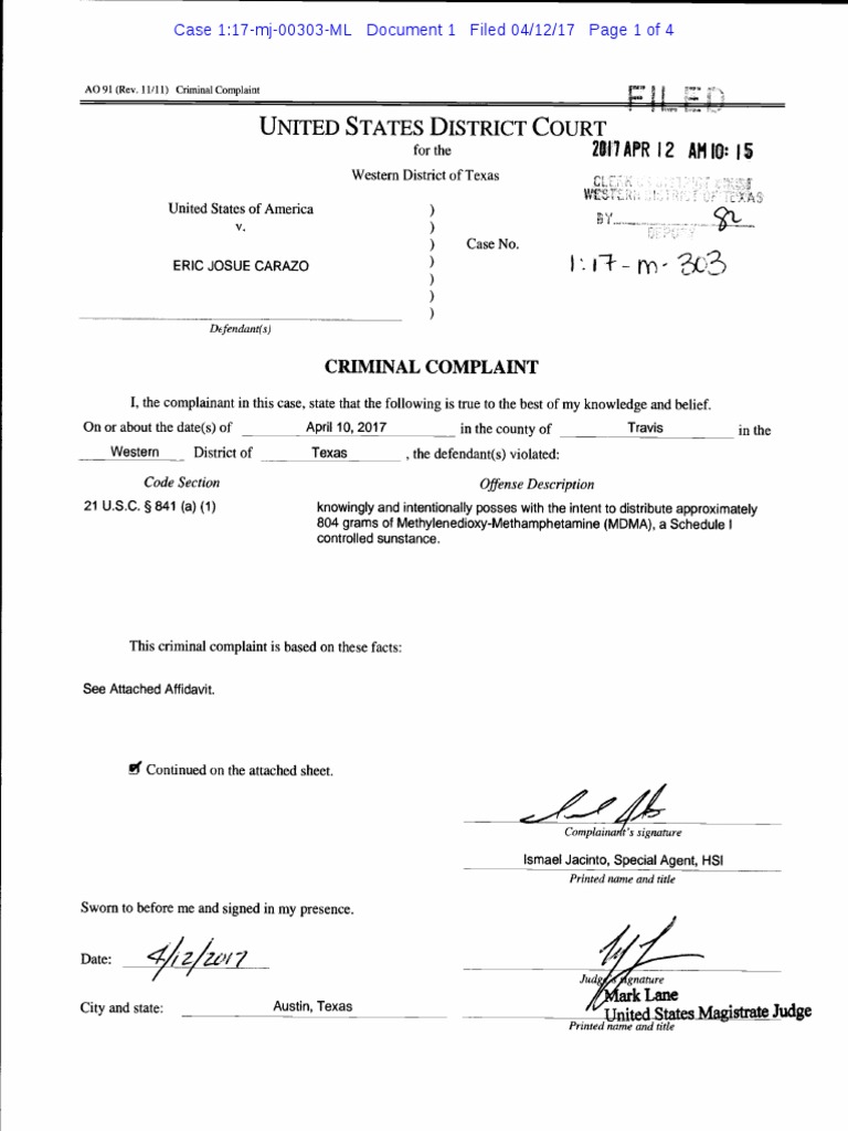 Criminal Complaint: Eric Carazo | PDF | U.S. Customs And Border ...