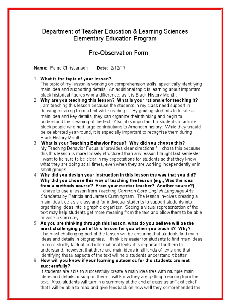 Pre Observation Form | PDF | Teachers | Psychological Concepts