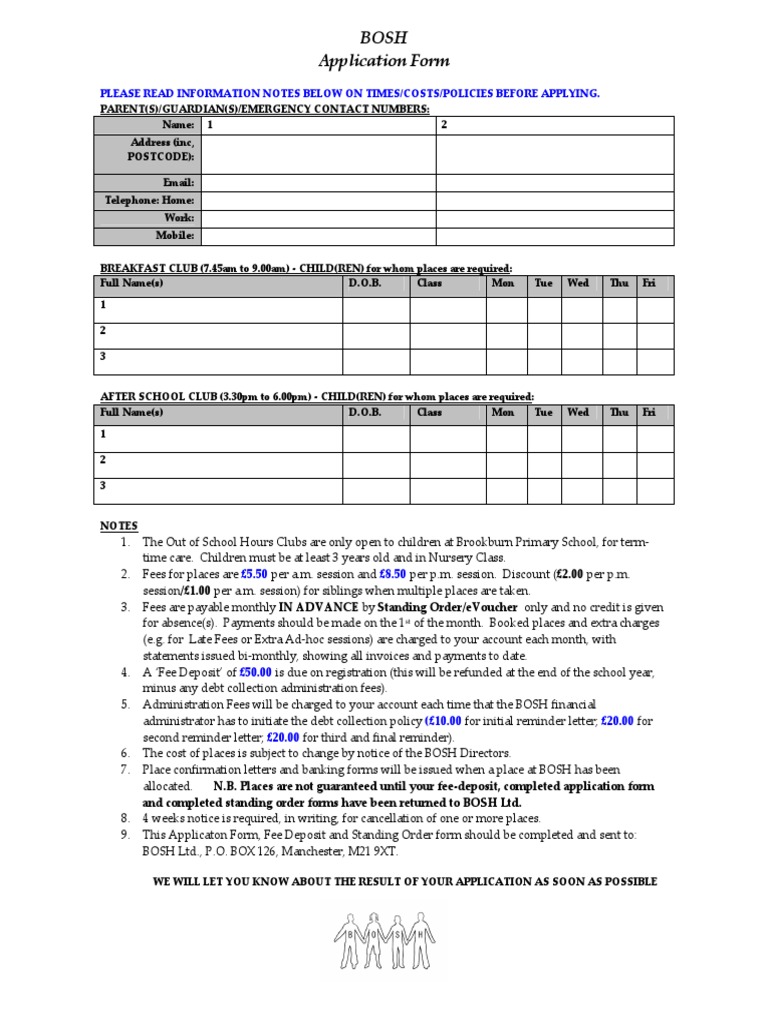 Bosh Application Form: Please Read Information Notes Below On Times ...