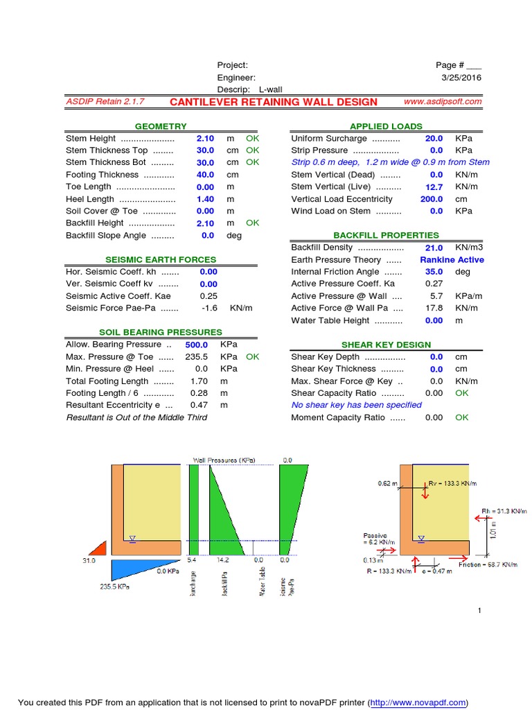 Cantilever Retaining Wall Design: Geometry Applied Loads | PDF