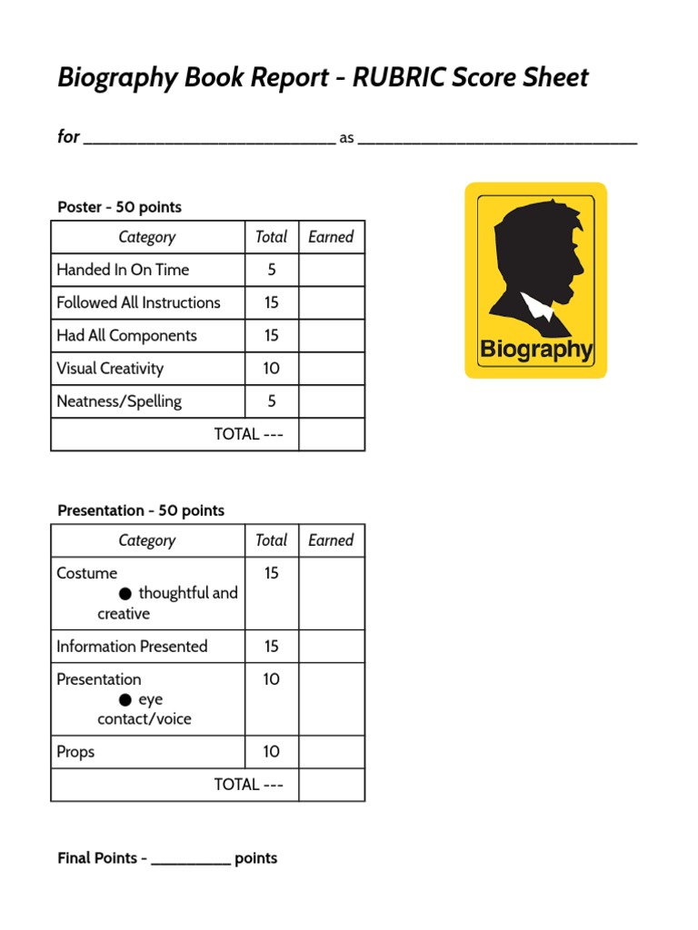 Biography Book Report Rubric Score Sheet | PDF | Career & Growth
