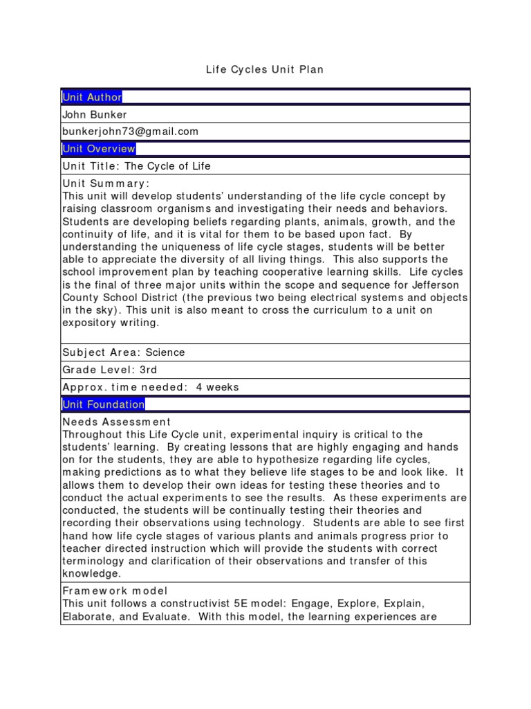 Bunker Life Cycle Unit Plan | PDF | Educational Assessment | Pedagogy