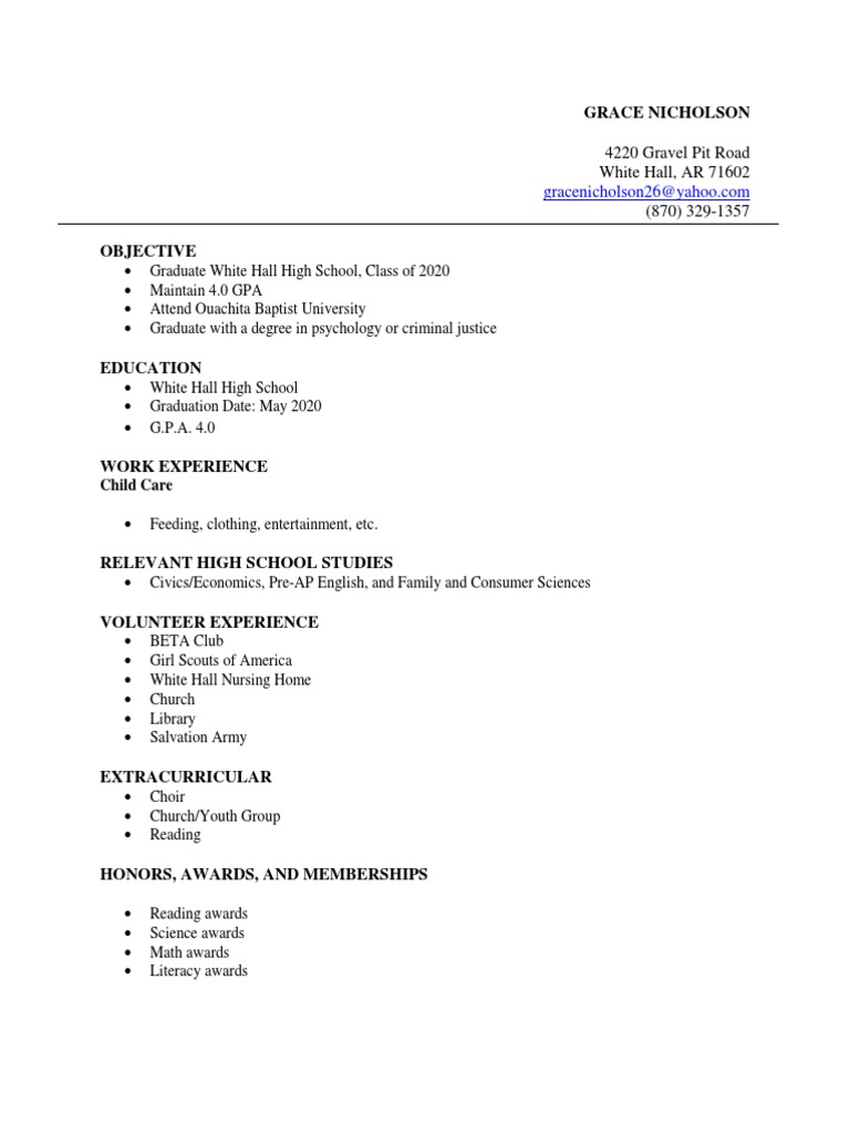 Grace Nicholson's High School Resume | PDF