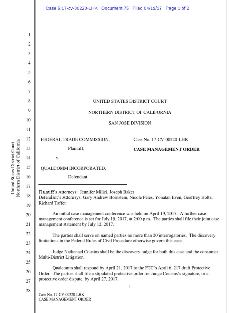 FTC v. Qualcomm Case Management Order | PDF | Discovery (Law) | Summary ...