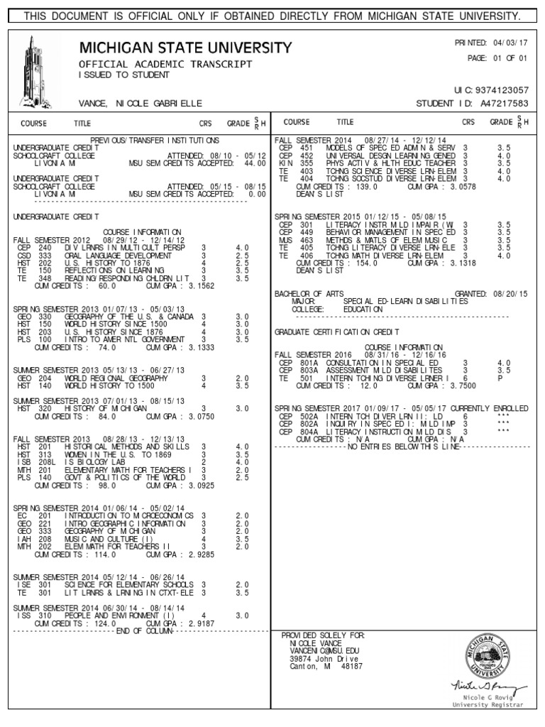 Officialtranscript | PDF | Michigan State University | Academic Term