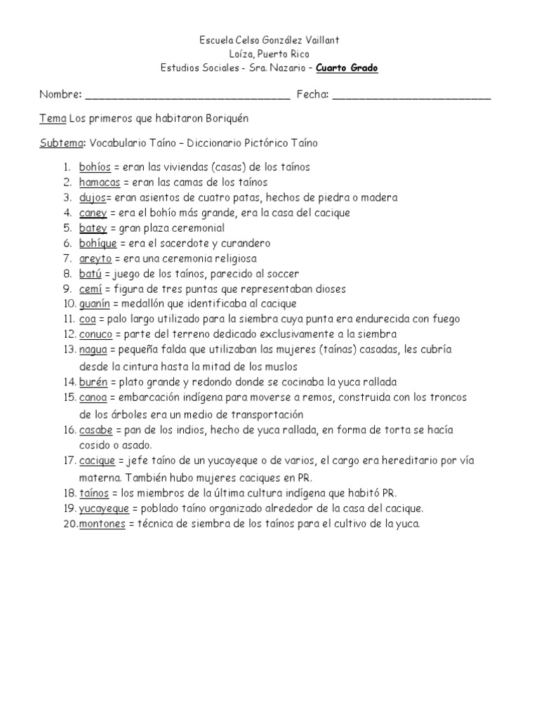 Vocabulario Taíno - Diccionario Pictórico | PDF