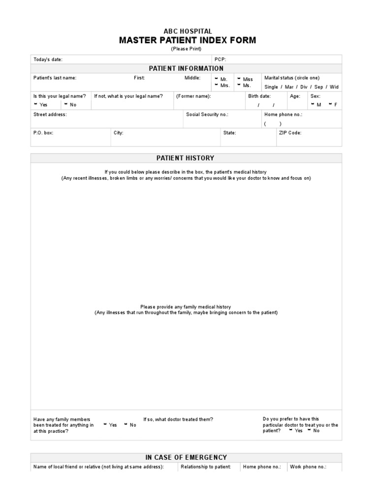 Master Patient Index Form | Patient | Physician