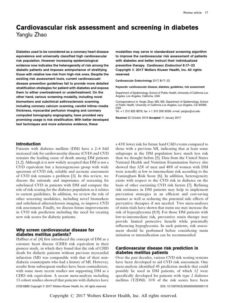 Cardiovascular Risk Assessment and Screening in Diabetes: Yanglu Zhao ...