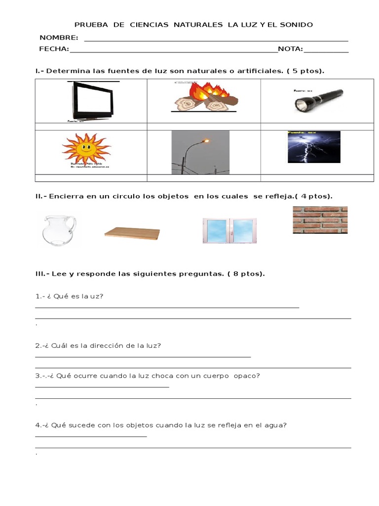 Prueba de Ciencias Naturales La Luz y El Sonido