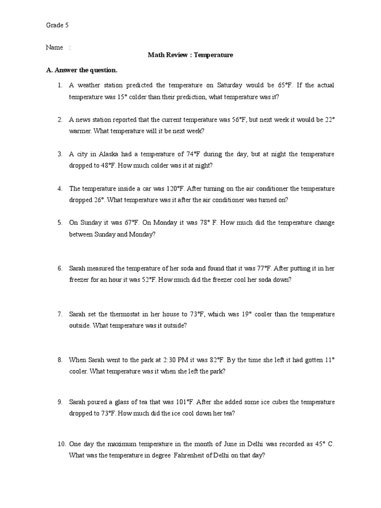 Grade 5 Math: Temperature Problems | PDF