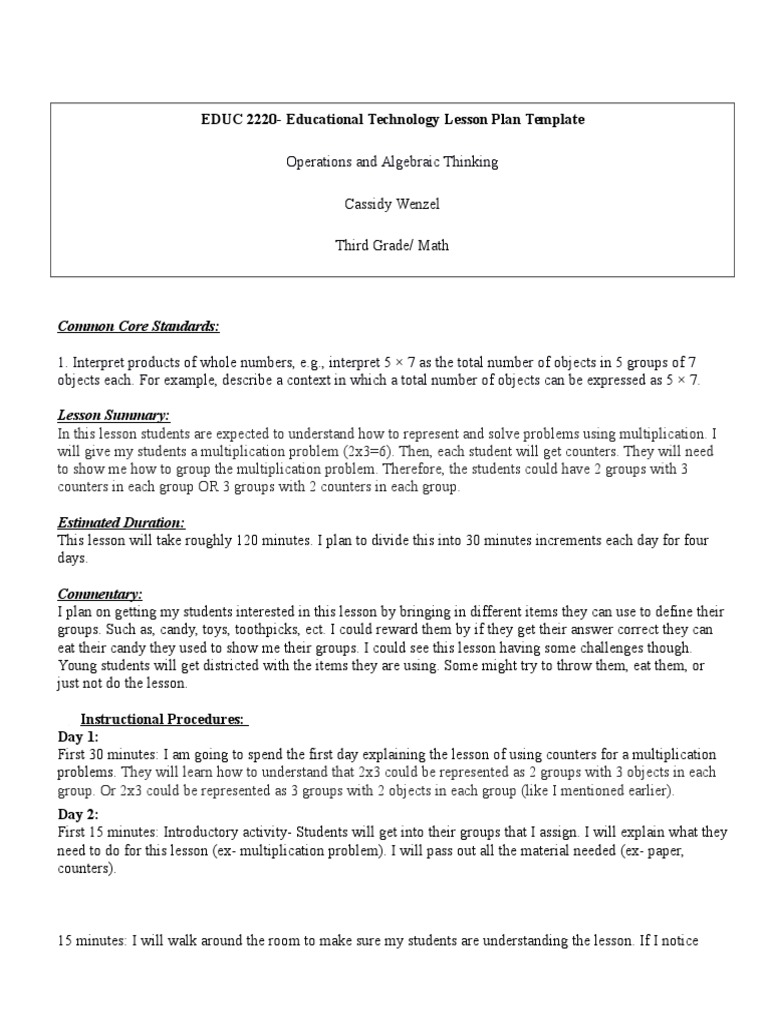 EDUC 2220-Educational Technology Lesson Plan Template: Common Core Standards | PDF ...