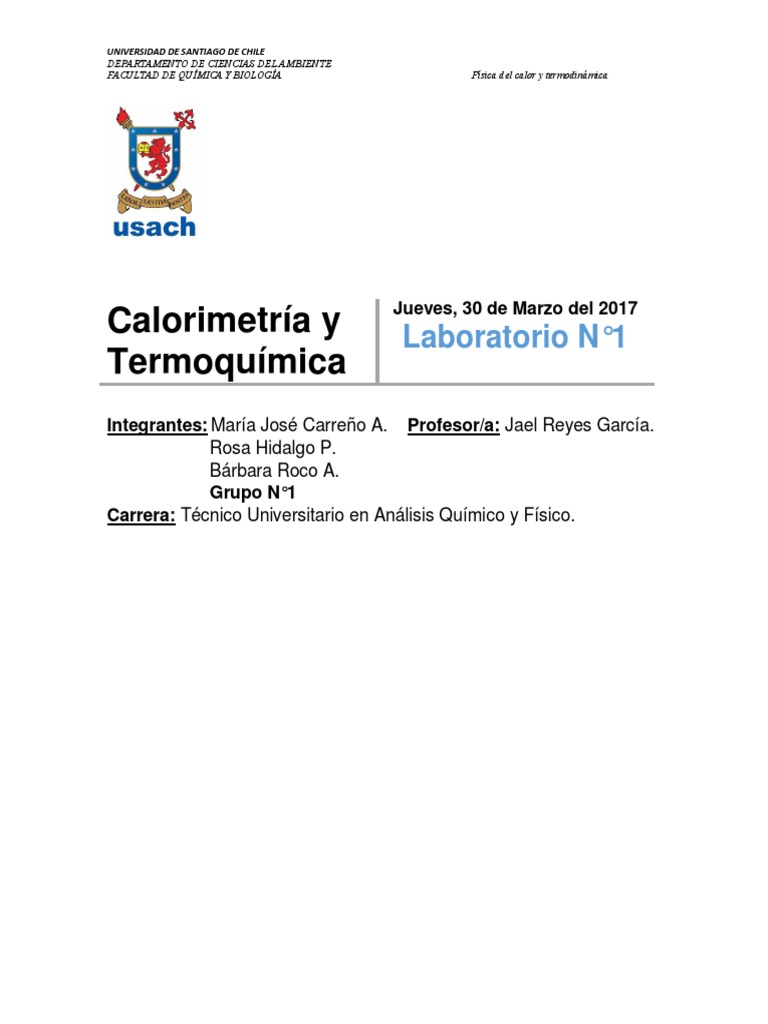 Calorimetría Y Termoquímica Informe Termo N1 Finalpdf Pdf Entalpia