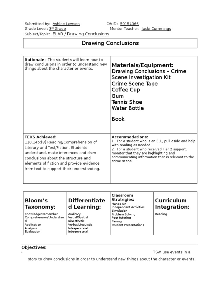 elar drawing conclusions lesson plan | Reading Comprehension | Lesson Plan