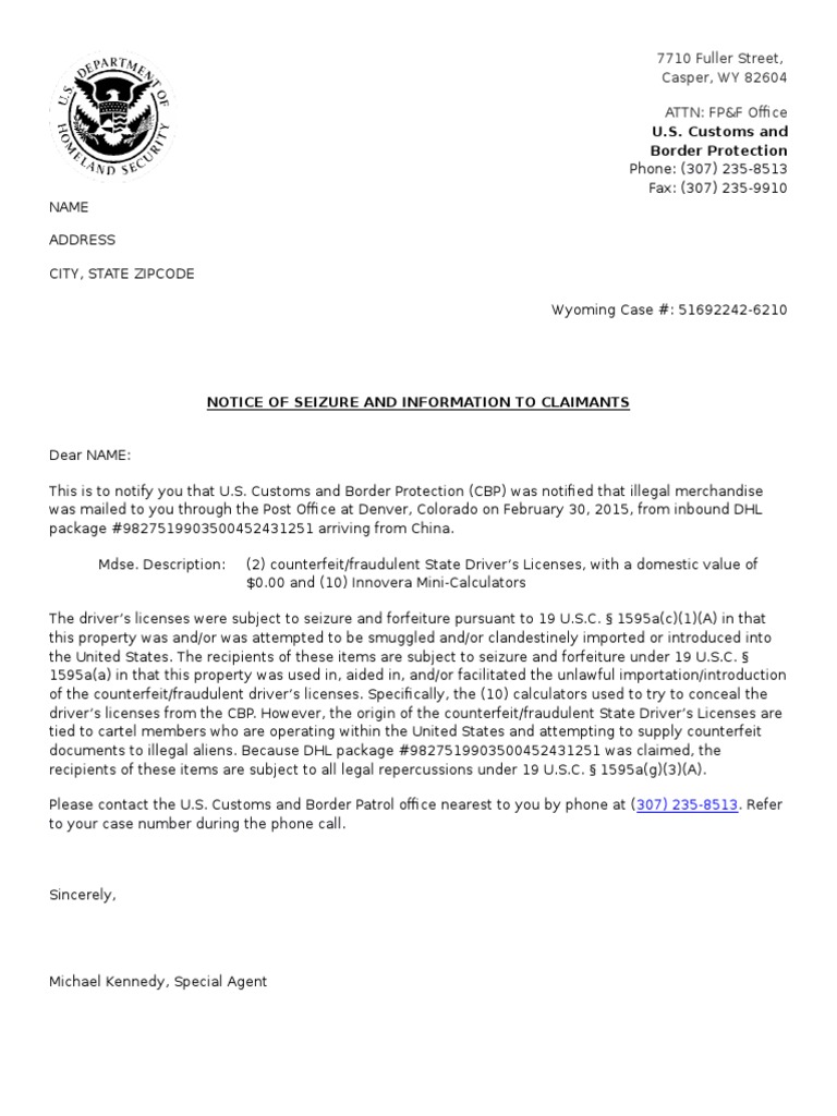 Customs Seizure Notice for Counterfeit Items | PDF