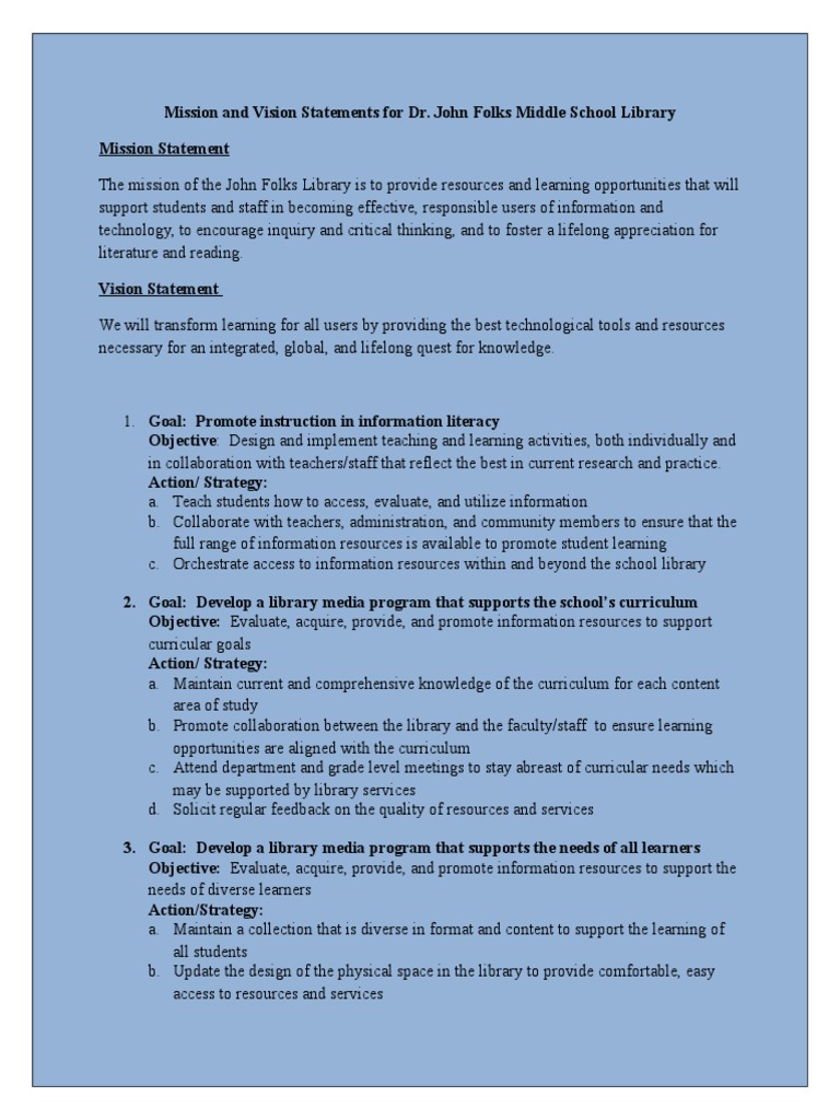 Library Mission and Vision Statements | PDF | Curriculum | Teachers