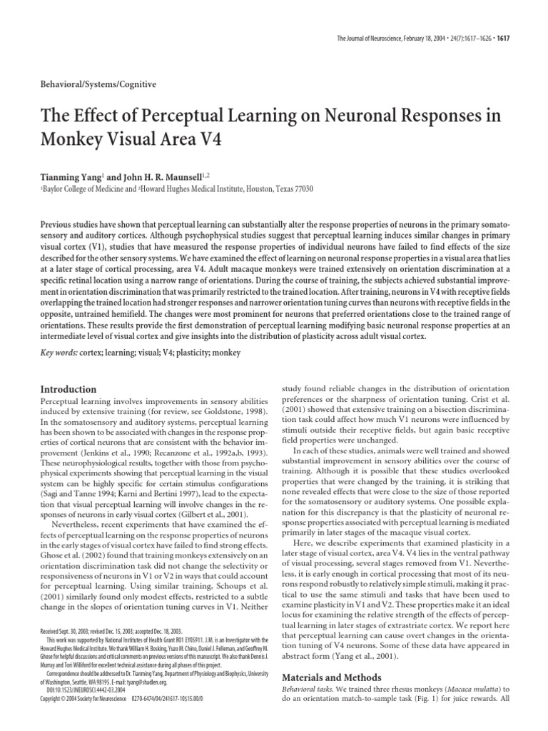 The Effect of Perceptual Learning On Neuronal Responses in Monkey Visual Area V4 | PDF | Visual ...