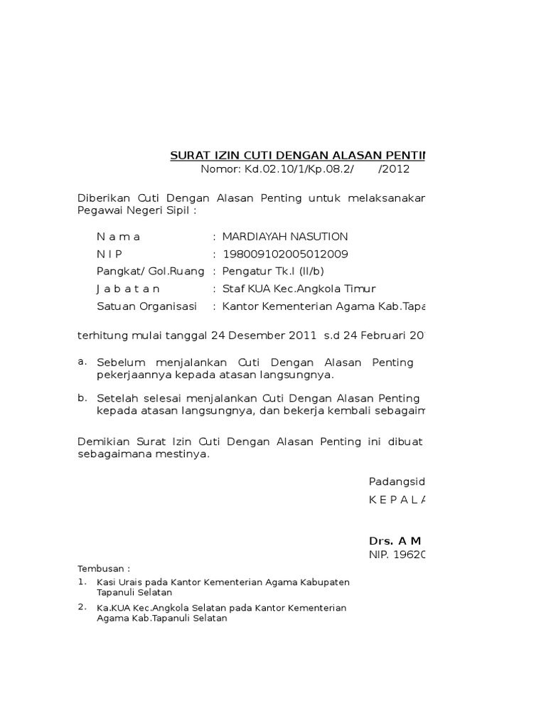 Surat Izin Cuti PNS Tapanuli Selatan | PDF