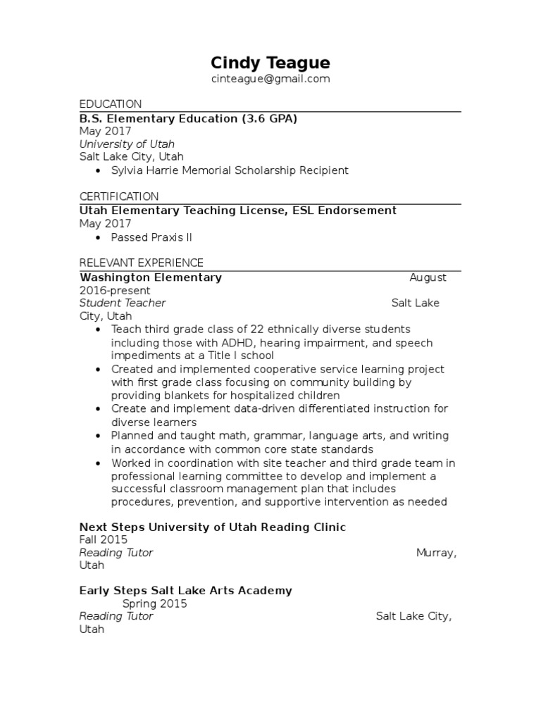 Cindy Teague: B.S. Elementary Education (3.6 GPA) | PDF