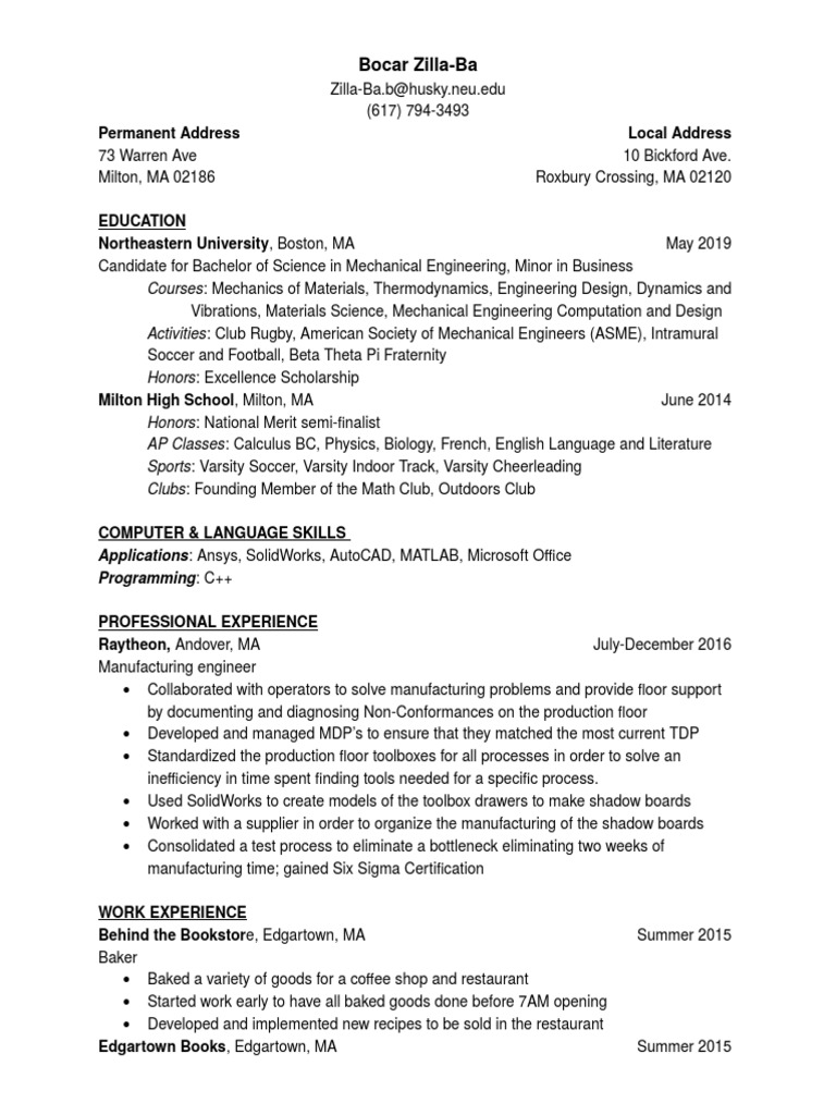 Resume For Coop 2 | PDF | Mechanical Engineering | Engineering