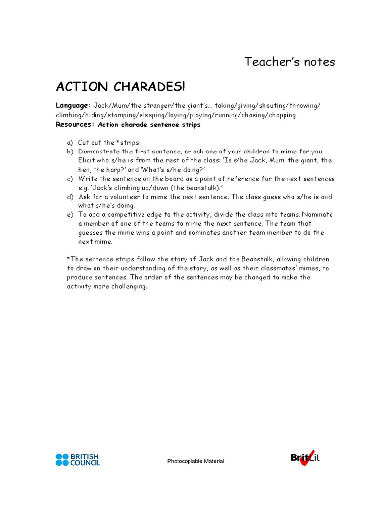 Action Charades!: Teacher's Notes | PDF | Games & Activities | Teaching ...