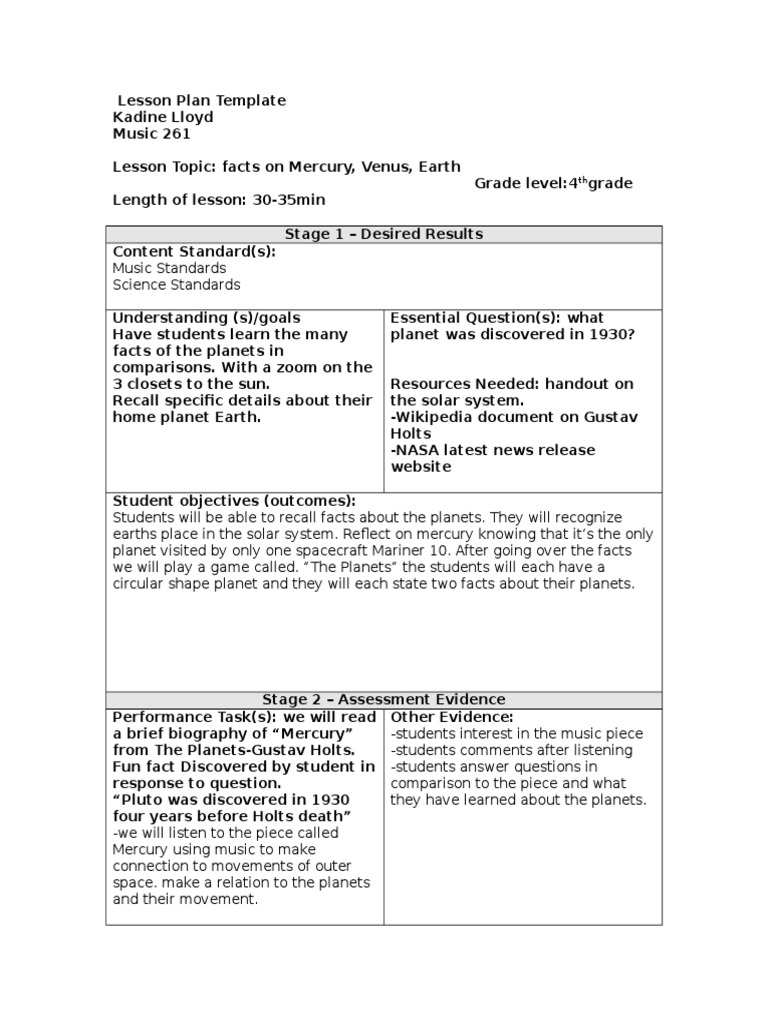 Lesson Plan Music 261 | PDF | Planets | Mercury (Planet)