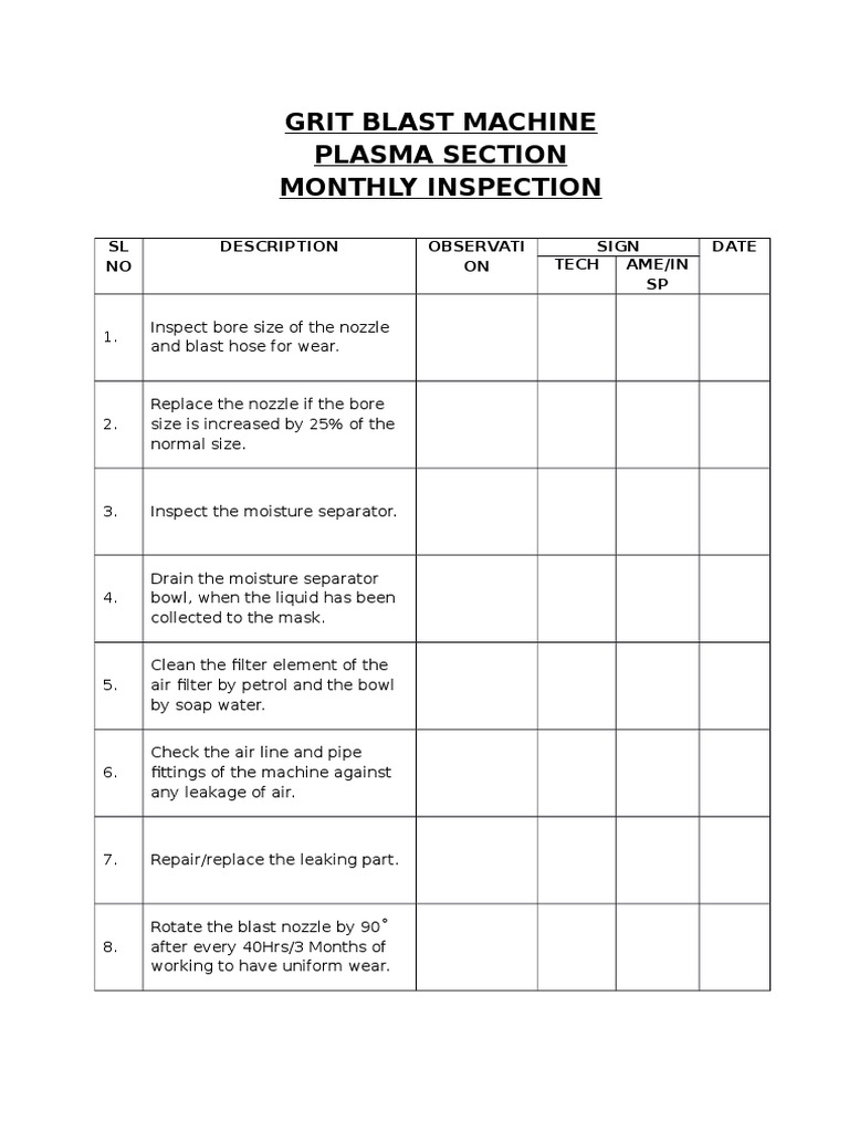 Grit Blast Machine Plasma Section Monthly Inspection: SL NO Description ...