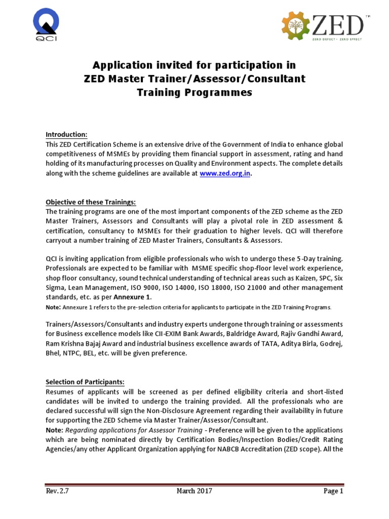 ZED Trainings Professionals Criteria | PDF | Educational Assessment ...