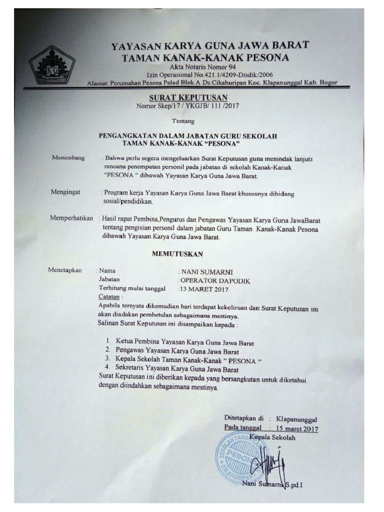 Contoh SK Pengangkatan Operator Sekolah | PDF