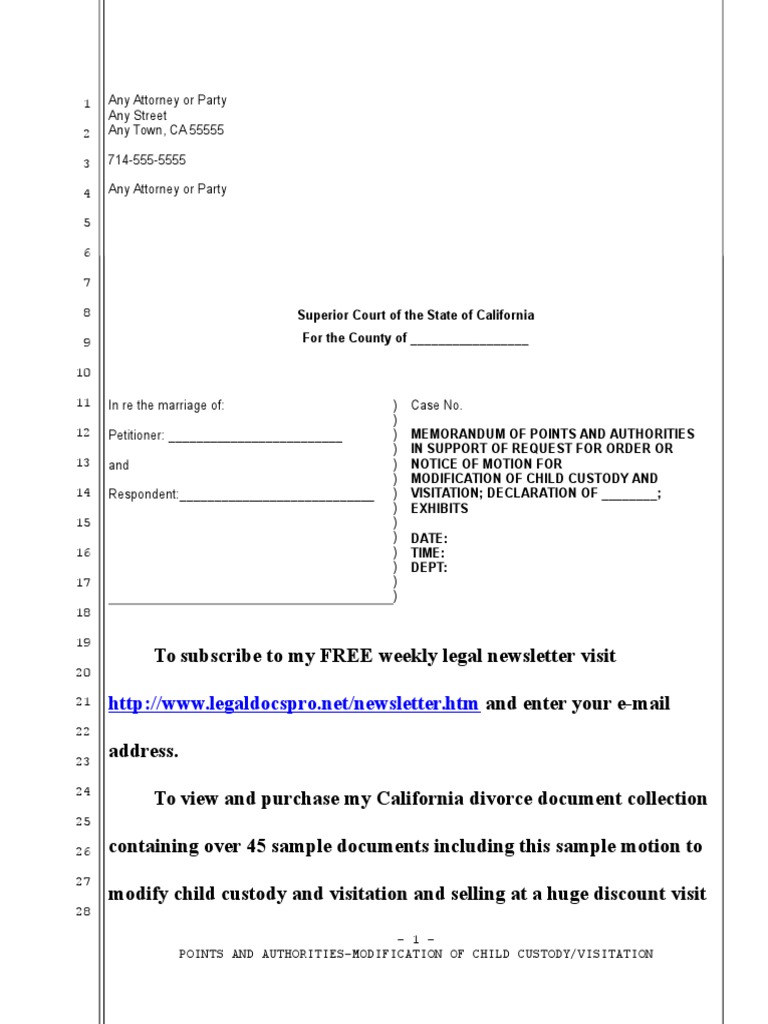 Sample Motion To Modify Child Custody and Visitation in California ...